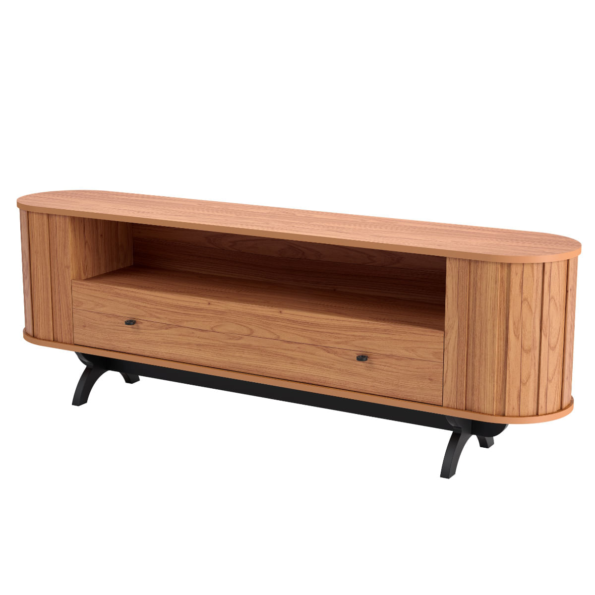 Rack Sala TV Curvo 180 cm Nicho e Gaveta em MDF Freijó com Preto Fosco ...