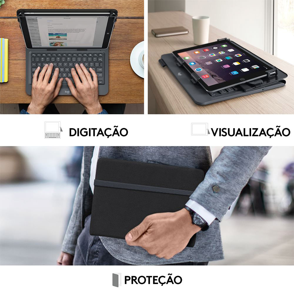Capa com teclado Logitech Universal Folio com Conexão Bluetooth 3.0 para Tablets Android, Apple ...