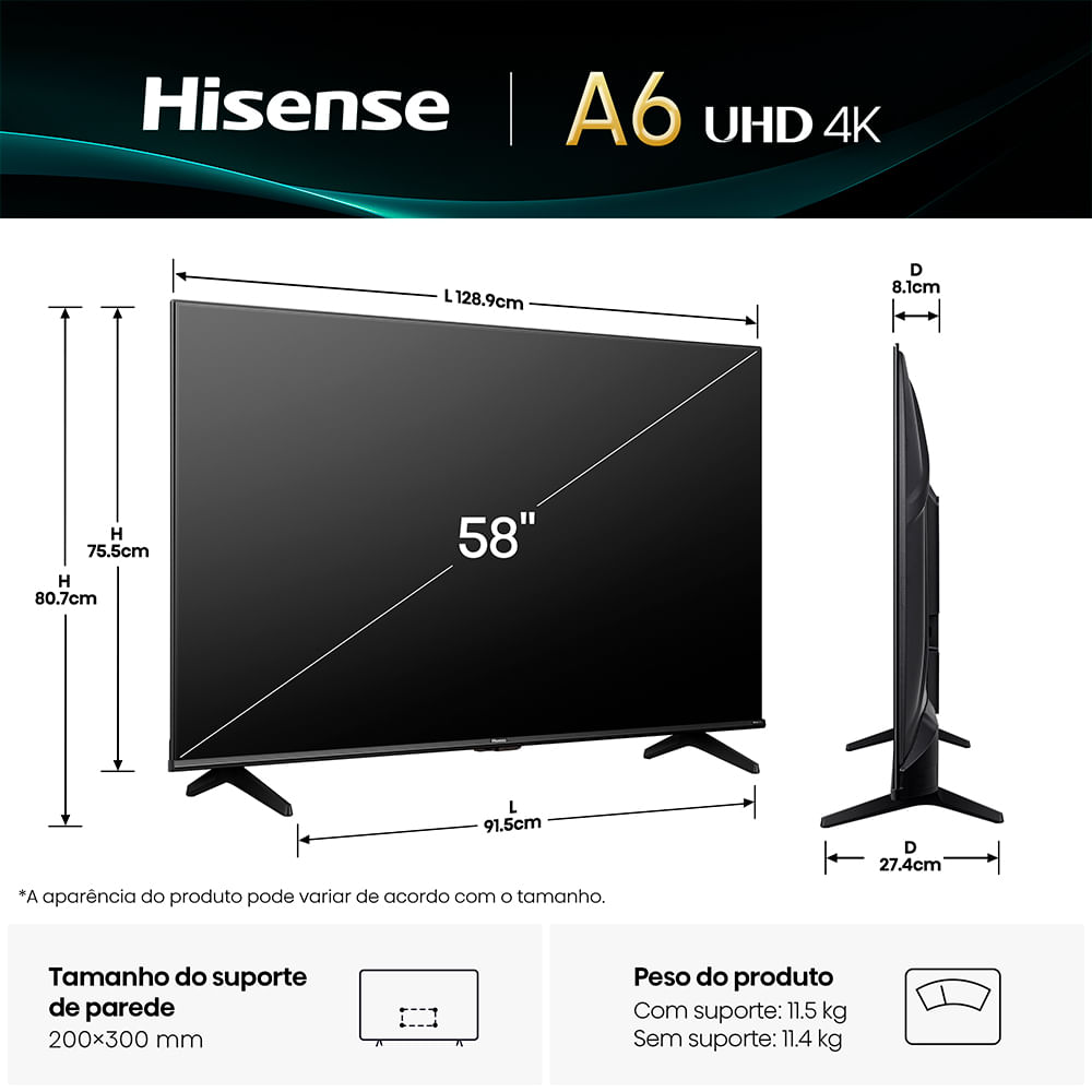 Smart TV UHD 4K Hisense DLED 58” Polegadas com Sleep Timer, Entrada ...